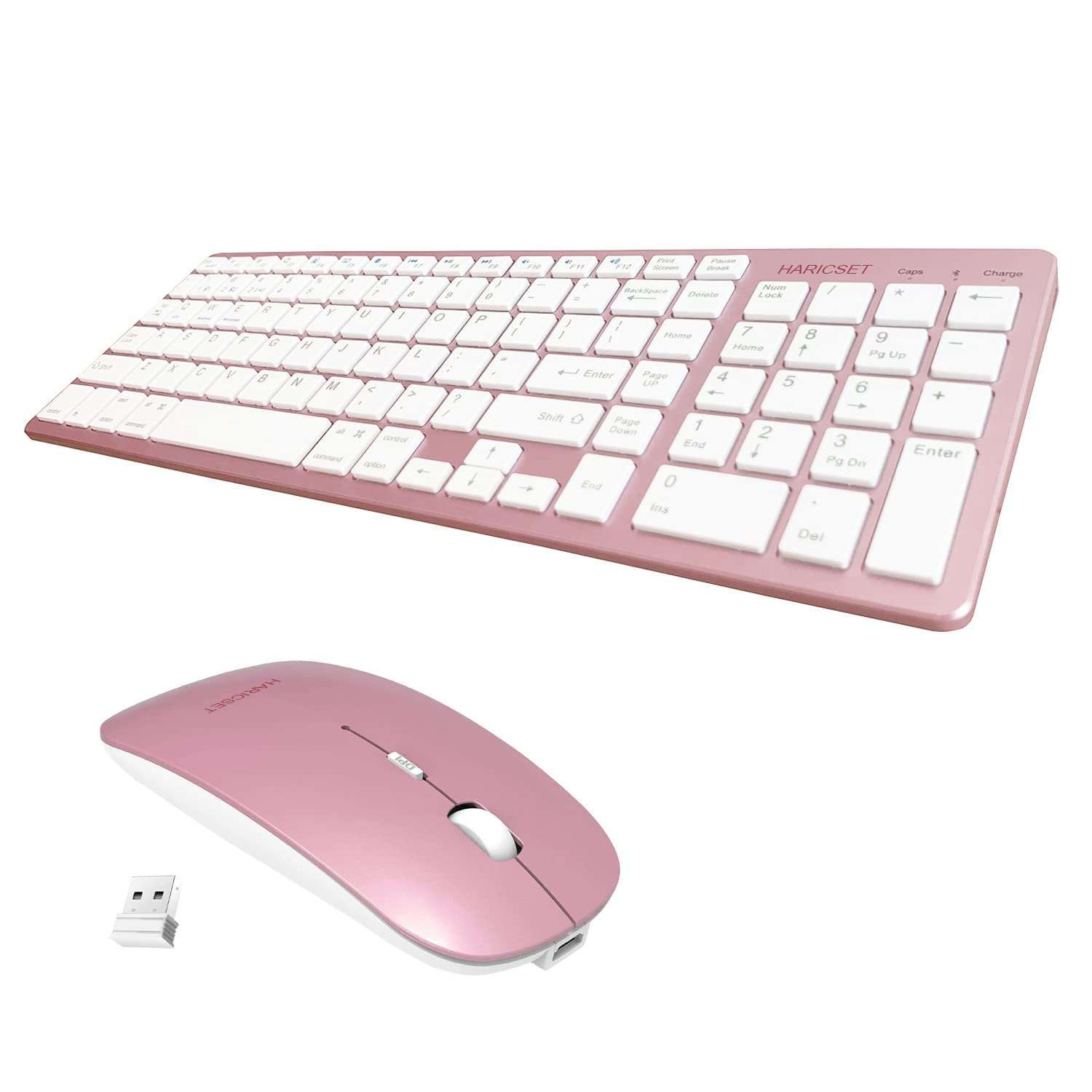 Wireless Keyboard Mouse Combo, Haricset Rechargeable Full-Size Silent Slim Dual-Mode(BT3.0+BT5.0+2.4G) Multi-Device Bluetooth Keyboard Set, 3 Level DPI Mouse,for Windows/Android/Mac OS/iOS (Rose Gold)