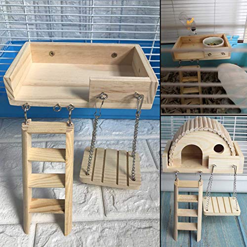 kathson Dwarf Hamster Wood Platform with Ladder Swing Climbing Toys Rat Playground Set Hamster Crawling Cage Accessories for Gerbil Dwarf Rat 5PCS
