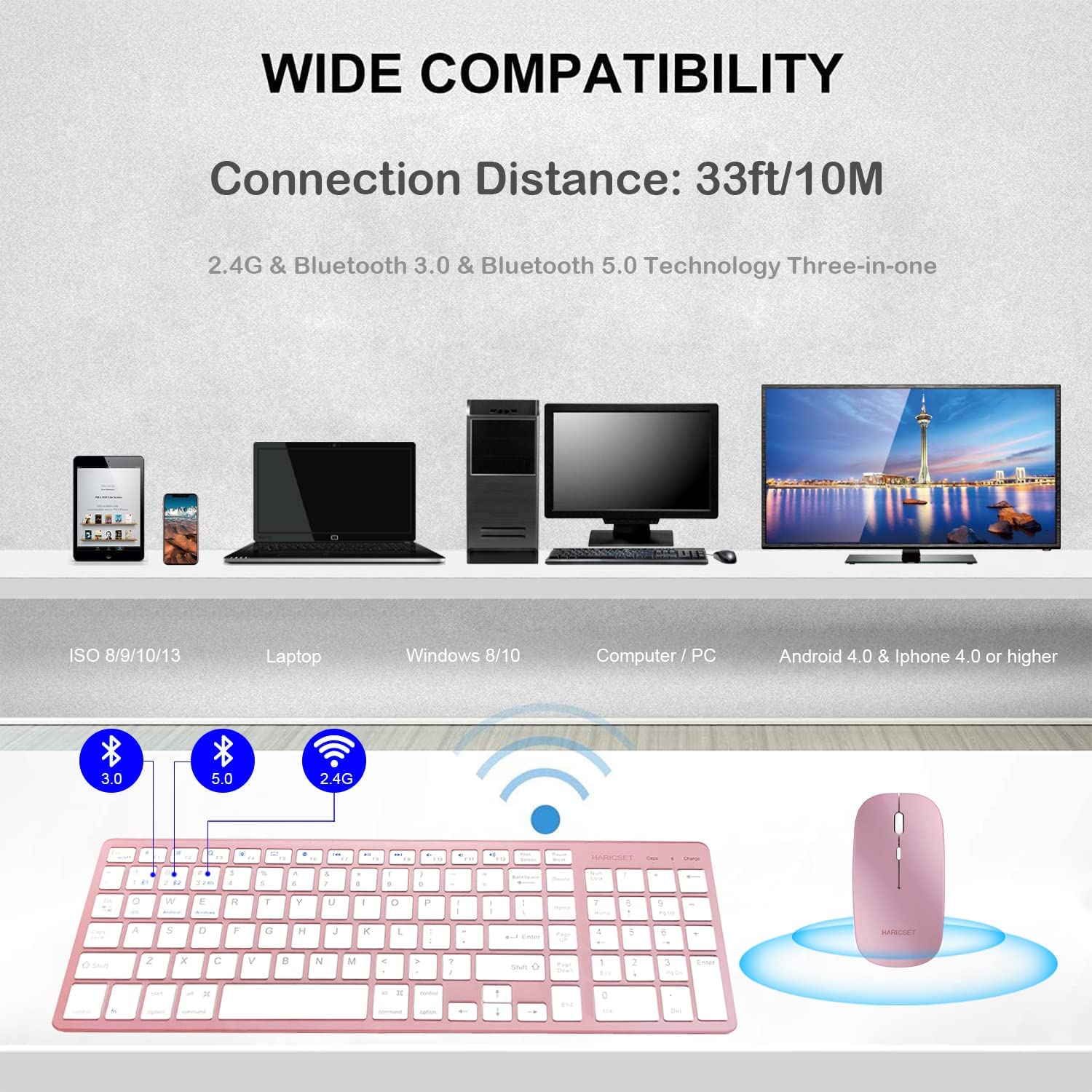 Wireless Keyboard Mouse Combo, Haricset Rechargeable Full-Size Silent Slim Dual-Mode(BT3.0+BT5.0+2.4G) Multi-Device Bluetooth Keyboard Set, 3 Level DPI Mouse,for Windows/Android/Mac OS/iOS (Rose Gold)