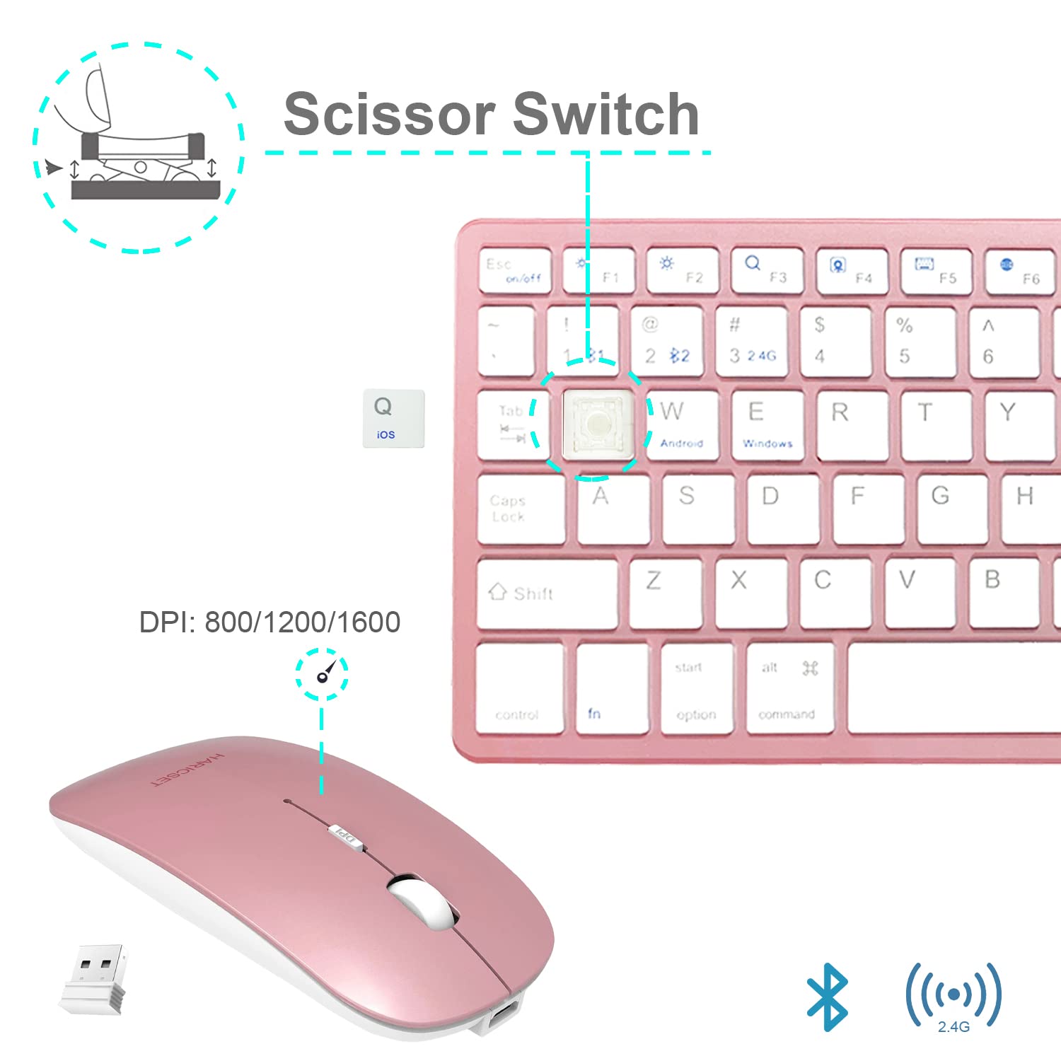 Wireless Keyboard Mouse Combo, Haricset Rechargeable Full-Size Silent Slim Dual-Mode(BT3.0+BT5.0+2.4G) Multi-Device Bluetooth Keyboard Set, 3 Level DPI Mouse,for Windows/Android/Mac OS/iOS (Rose Gold)