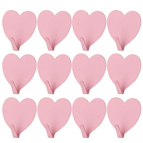 Hemoton 12 Pcs Iron Strong Heart Shaped Adhesive Hangers Wall Mounted Hooks Coat Hook Traceless Hanger for Bathroom Kitchen (Light Pink)
