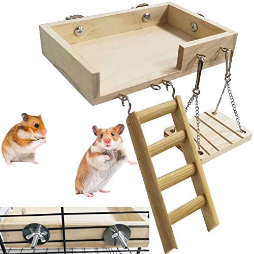 kathson Dwarf Hamster Wood Platform with Ladder Swing Climbing Toys Rat Playground Set Hamster Crawling Cage Accessories for Gerbil Dwarf Rat 5PCS