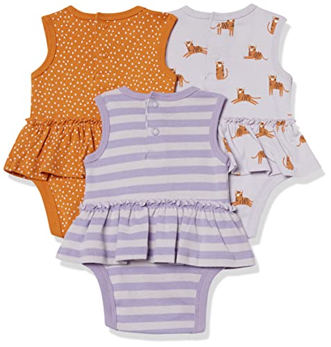Amazon Essentials Baby Girls' Sleeveless Bodysuit Dress, Pack of 3, Gold Dots/Lilac Cheetah/Purple Stripe, 3-6 Months