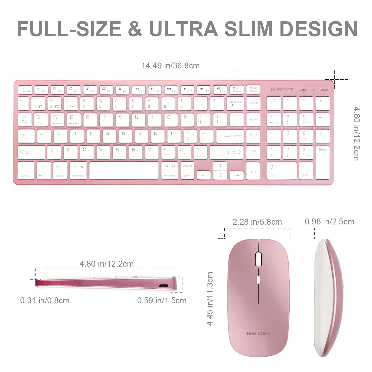 Wireless Keyboard Mouse Combo, Haricset Rechargeable Full-Size Silent Slim Dual-Mode(BT3.0+BT5.0+2.4G) Multi-Device Bluetooth Keyboard Set, 3 Level DPI Mouse,for Windows/Android/Mac OS/iOS (Rose Gold)