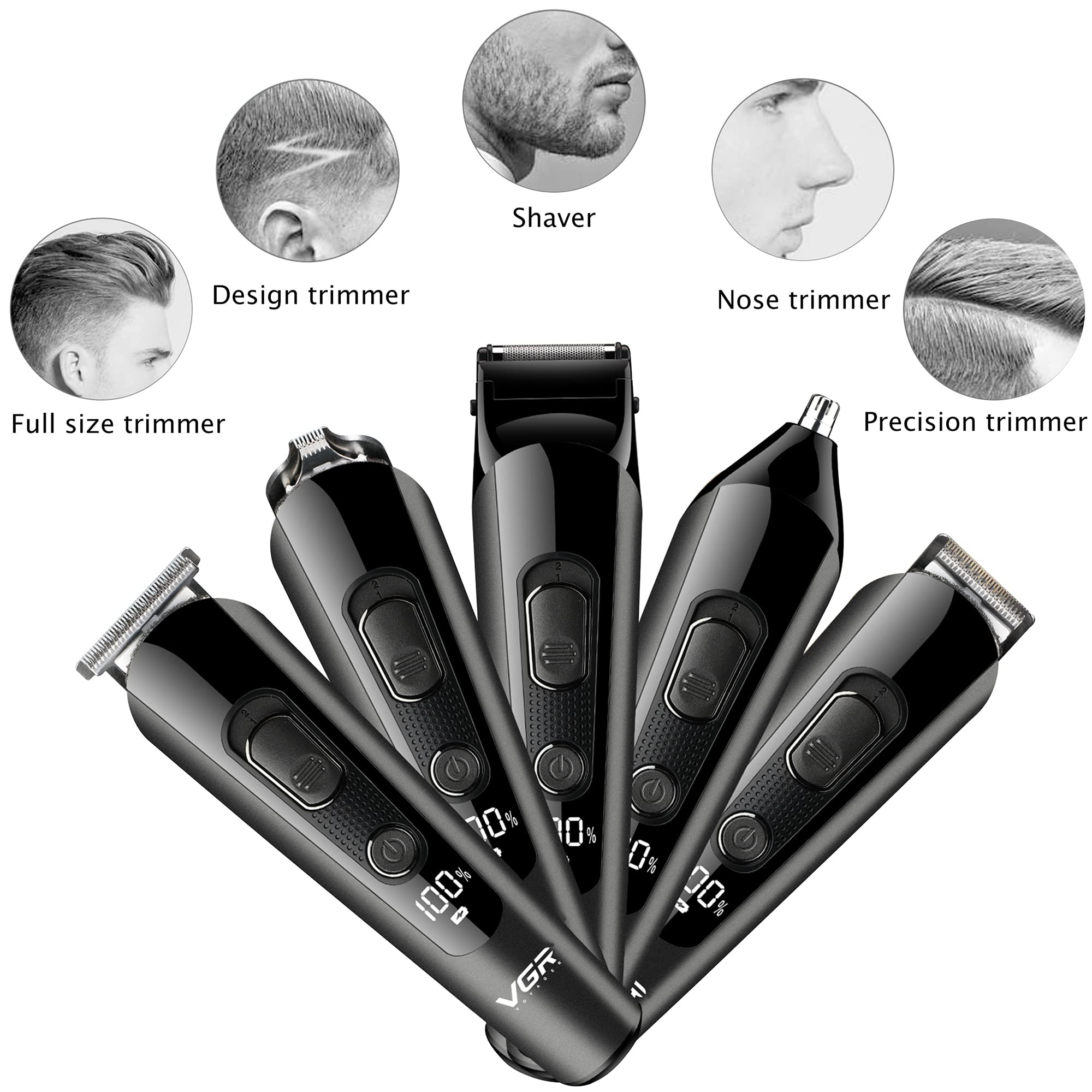 VGR VOYAGER Beard Trimmer for Men Hair Clipper Grooming kit Nose Body Mustache Ear Facial Cutting Groomer USB Rechargeable LED Display Queit