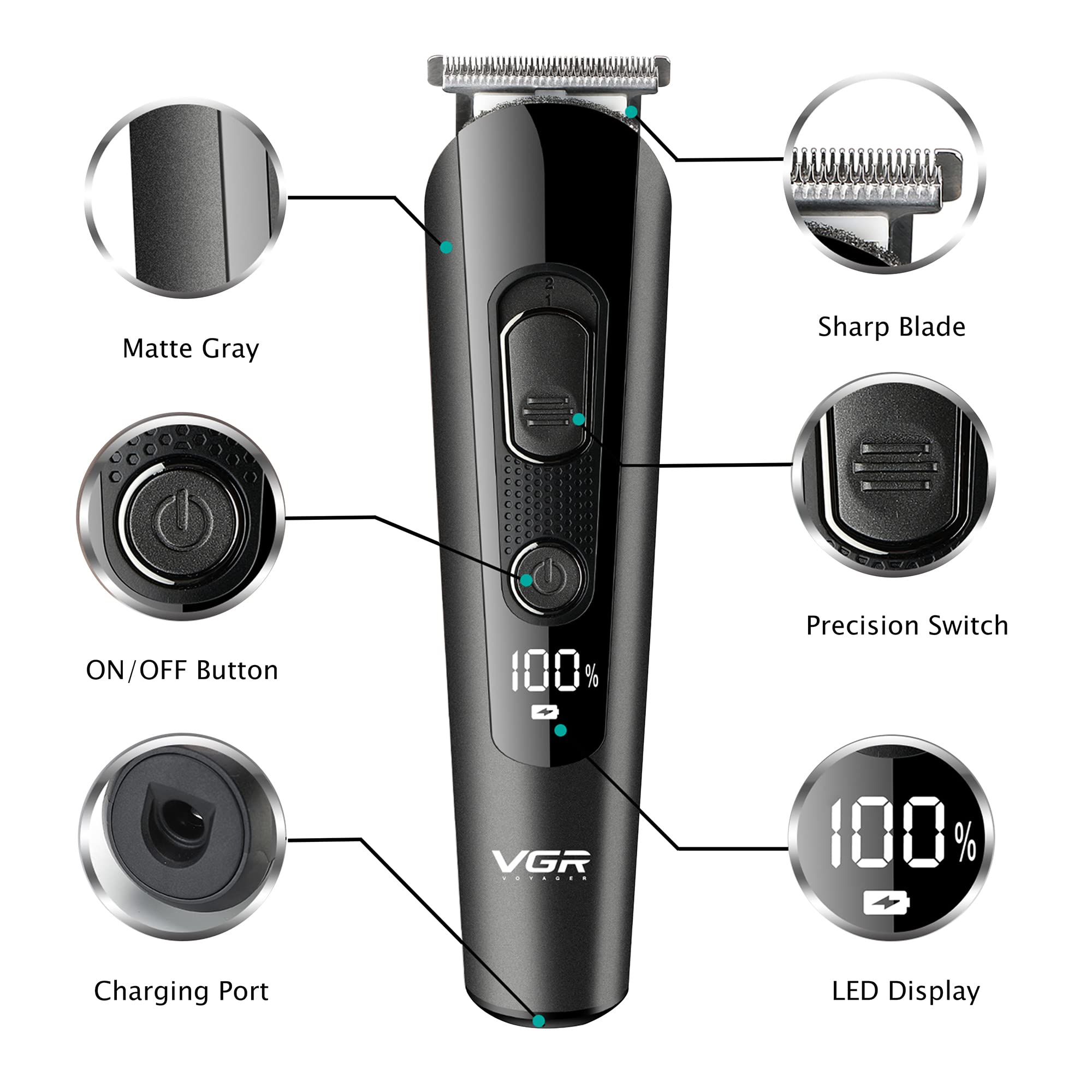VGR VOYAGER Beard Trimmer for Men Hair Clipper Grooming kit Nose Body Mustache Ear Facial Cutting Groomer USB Rechargeable LED Display Queit