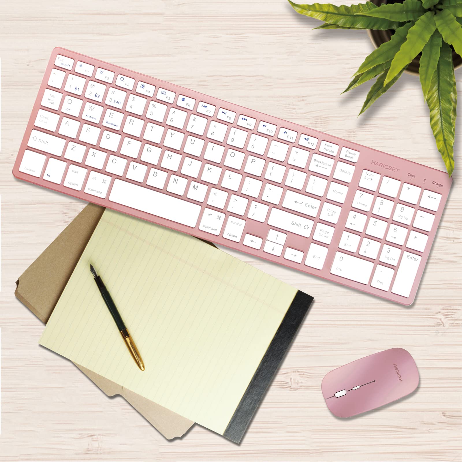 Wireless Keyboard Mouse Combo, Haricset Rechargeable Full-Size Silent Slim Dual-Mode(BT3.0+BT5.0+2.4G) Multi-Device Bluetooth Keyboard Set, 3 Level DPI Mouse,for Windows/Android/Mac OS/iOS (Rose Gold)
