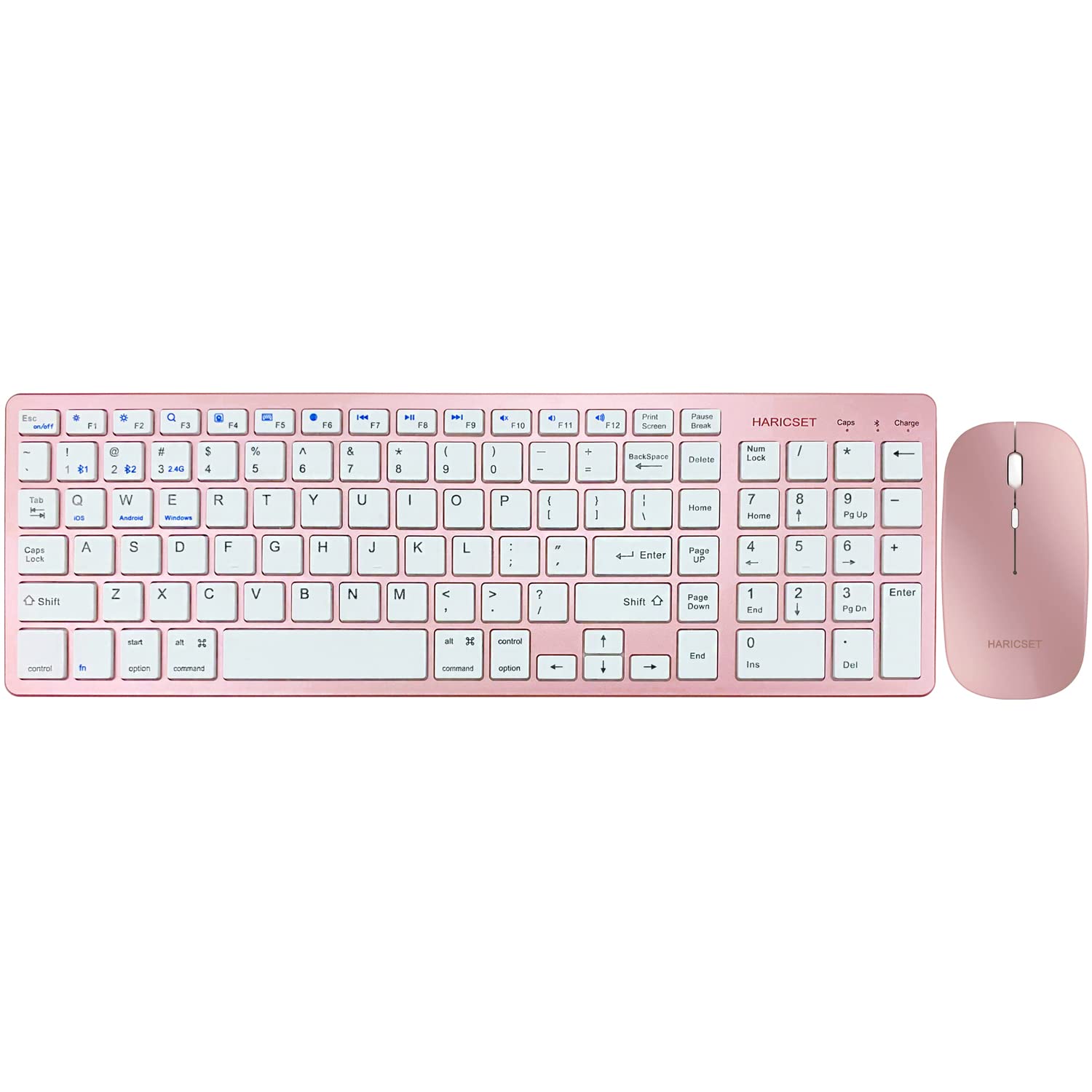 Wireless Keyboard Mouse Combo, Haricset Rechargeable Full-Size Silent Slim Dual-Mode(BT3.0+BT5.0+2.4G) Multi-Device Bluetooth Keyboard Set, 3 Level DPI Mouse,for Windows/Android/Mac OS/iOS (Rose Gold)