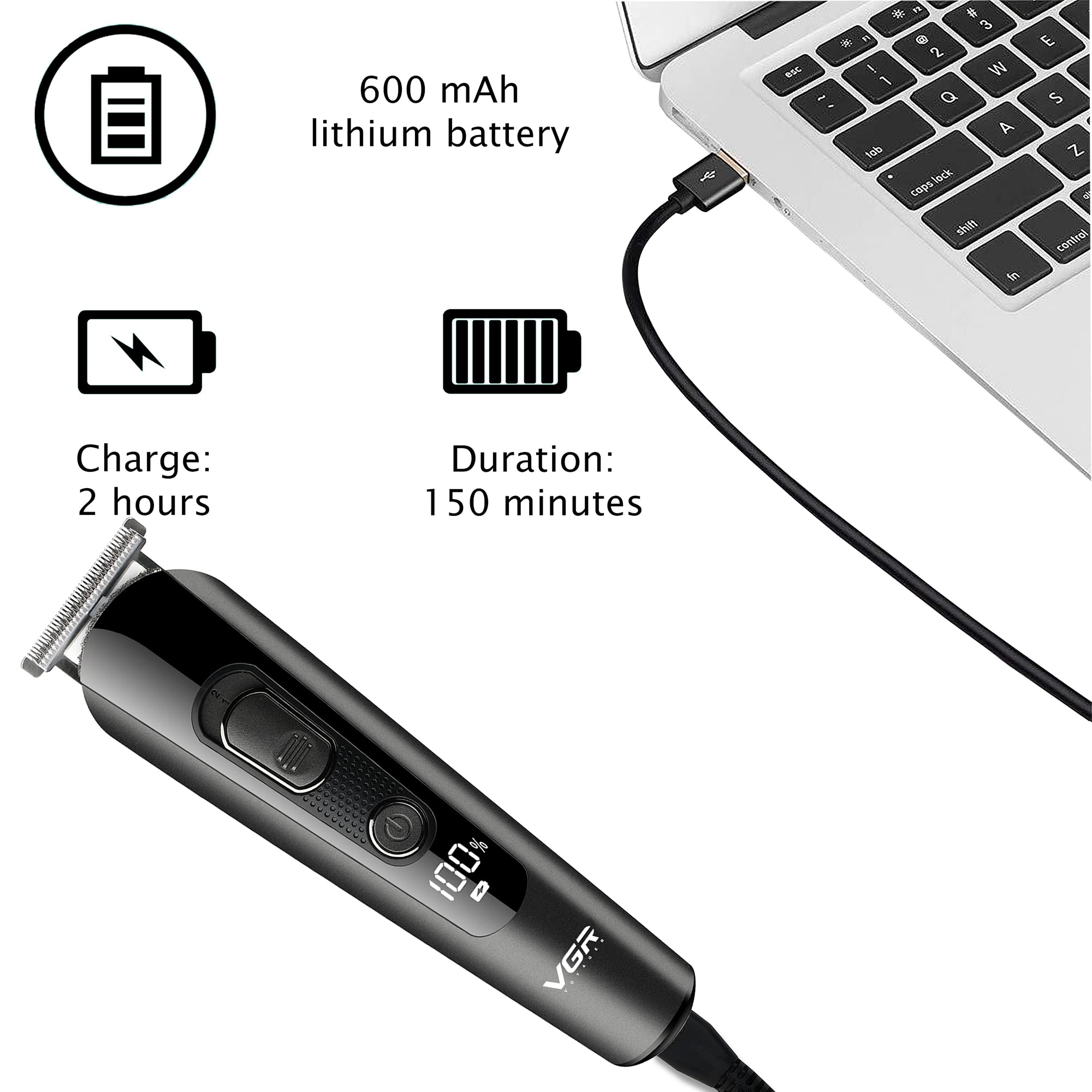 VGR VOYAGER Beard Trimmer for Men Hair Clipper Grooming kit Nose Body Mustache Ear Facial Cutting Groomer USB Rechargeable LED Display Queit