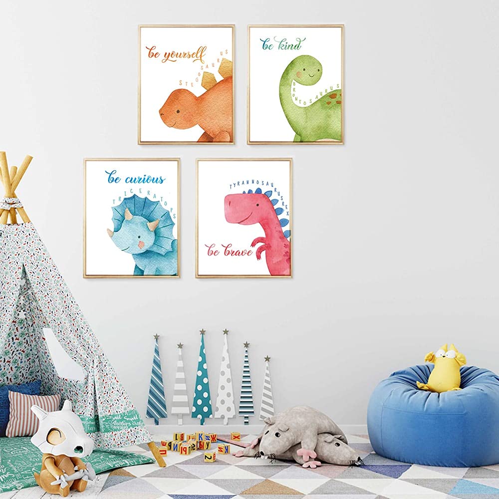Inspirational Be Kind Be Yourself Be Curious Be Brave Wall Art Decor, Dinosaur Wall Decor for Nursery Bedroom Home, Dinosaur Poster Be Kind Be Brave Decorations for Nursery Room Living Room Home Set of 4 (8βX10β) Unframed