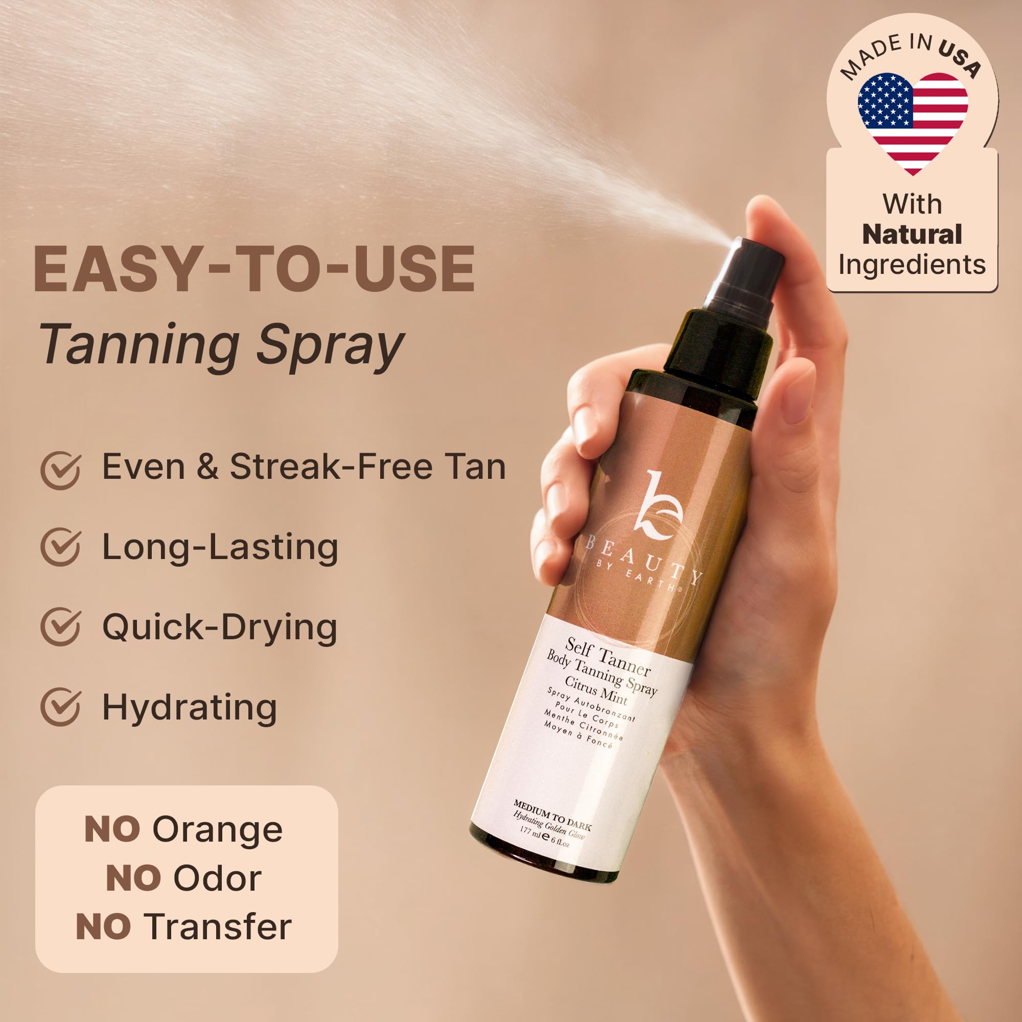 Self Tanner Spray - USA Made with Natural & Organic Ingredients, Fast Drying Spray Tan for Pale Skin, Non Toxic Gradual Tanning Spray, Sunless Tanning Water for Women & Men, Medium to Dark