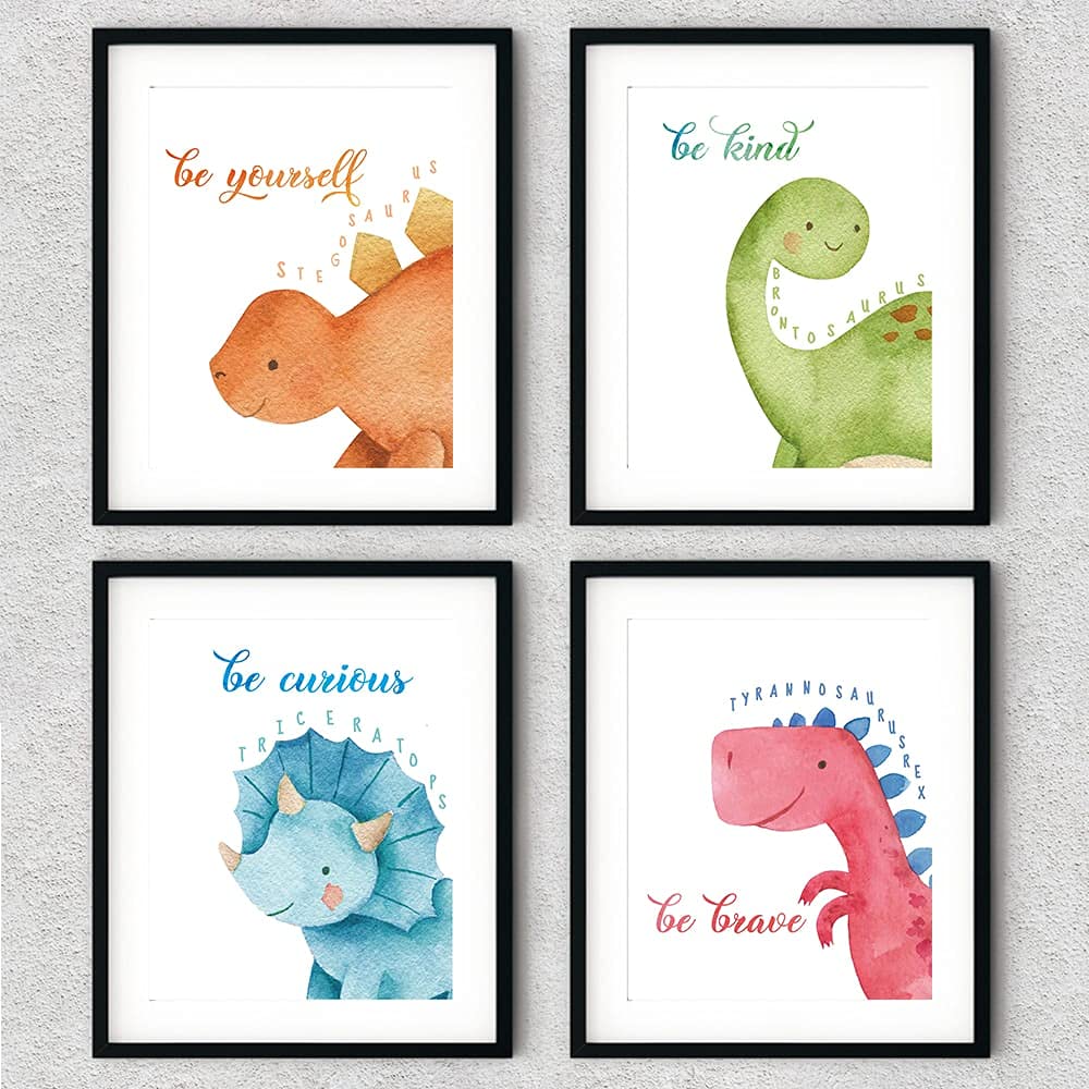 Inspirational Be Kind Be Yourself Be Curious Be Brave Wall Art Decor, Dinosaur Wall Decor for Nursery Bedroom Home, Dinosaur Poster Be Kind Be Brave Decorations for Nursery Room Living Room Home Set of 4 (8βX10β) Unframed