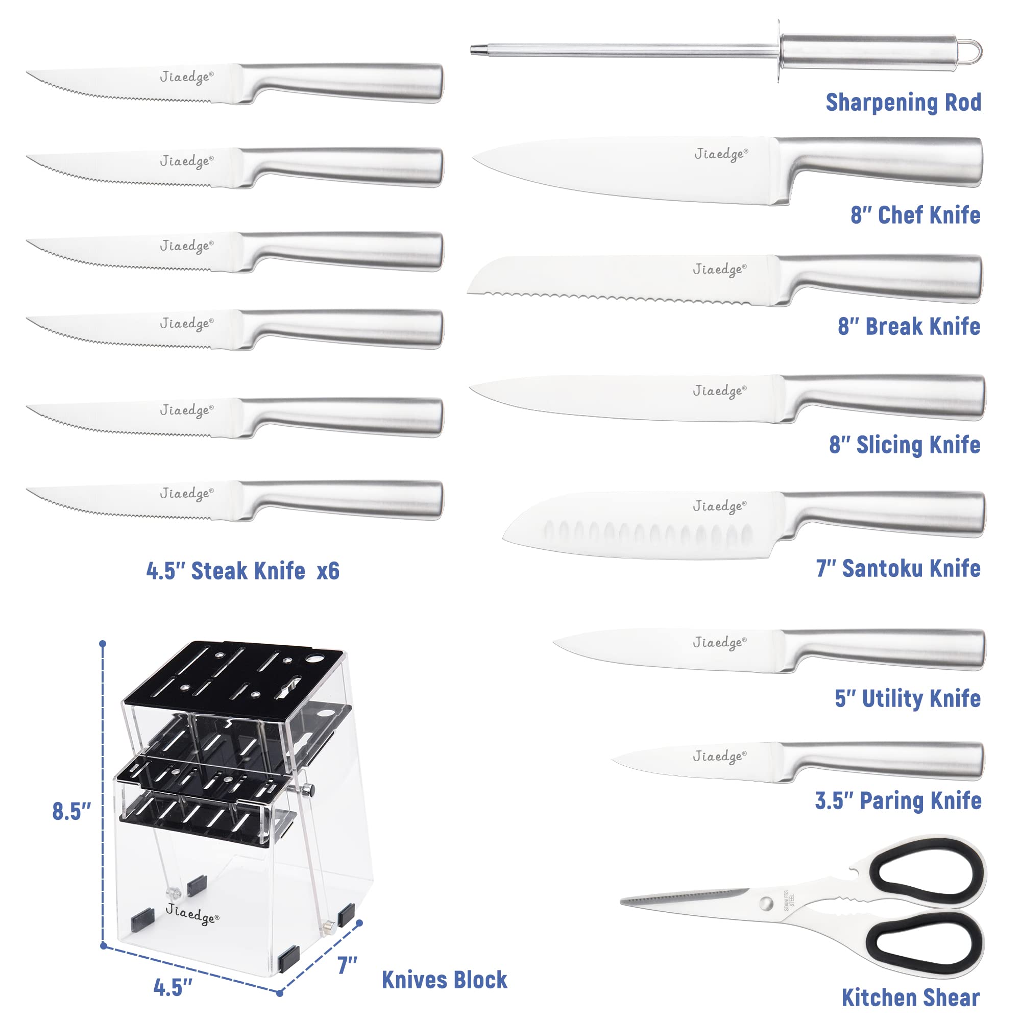 Kinfe set, Jiaedge Kitchen Knife Set with Block, 15-PC German High Carbon Stainless Steel Chef Knives Set for Kitchen with Block, Dishwasher Safe Steak Knives, Acrylic Stand, Knife Sharpener, Silver