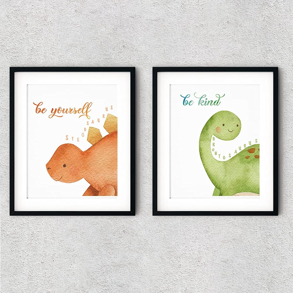 Inspirational Be Kind Be Yourself Be Curious Be Brave Wall Art Decor, Dinosaur Wall Decor for Nursery Bedroom Home, Dinosaur Poster Be Kind Be Brave Decorations for Nursery Room Living Room Home Set of 4 (8βX10β) Unframed