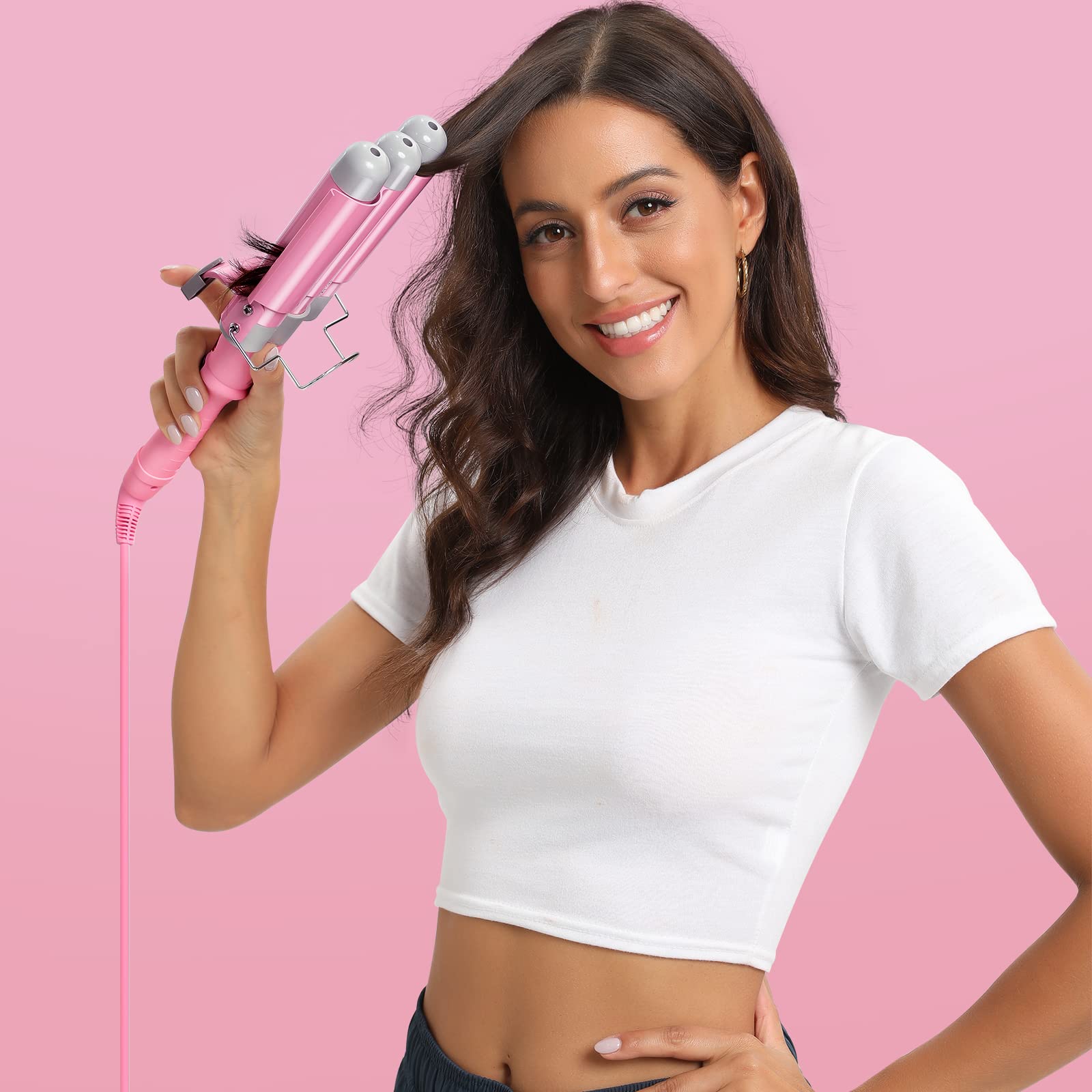 COPOL 3 Barrel Hair Curlers, 32mm Beach Waves Curling Iron Curling Wand for Long Hair with Temperature LED Indicator/Adjustable Bracket/Heat Proof Glove. 80-210℃Heat Up Quickly Curling Iron