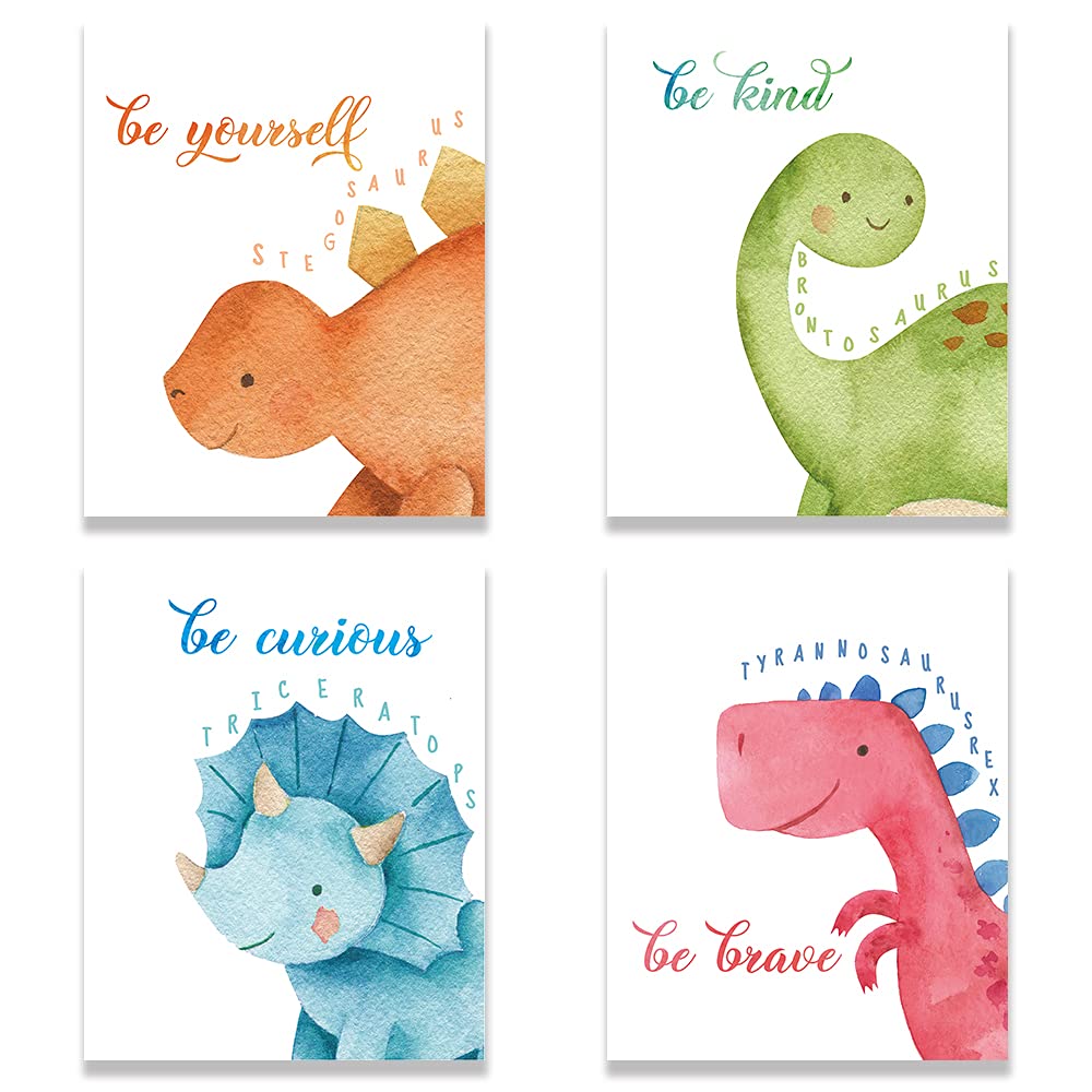 Inspirational Be Kind Be Yourself Be Curious Be Brave Wall Art Decor, Dinosaur Wall Decor for Nursery Bedroom Home, Dinosaur Poster Be Kind Be Brave Decorations for Nursery Room Living Room Home Set of 4 (8”X10”) Unframed
