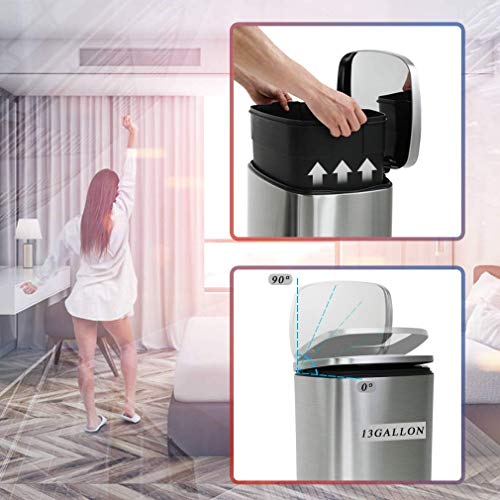 Stainless Steel Step Trash Can 13 Gallon Metal Trash Can with Lid Large Garbage Cans Garbage Bin, Wastebasket with Pedal for Kitchen, Bathroom, Restroom Office Trash Bin, Silver/Nickel