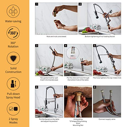 DEWINNER Pull Down Kitchen Faucet, Kitchen Sink Faucet with Sprayer, 2-spout, Single-Handle Control, Rotate 360 Degrees, High Arc Spring Design, Brushed Nickel