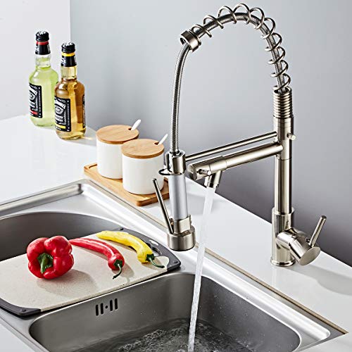 DEWINNER Pull Down Kitchen Faucet, Kitchen Sink Faucet with Sprayer, 2-spout, Single-Handle Control, Rotate 360 Degrees, High Arc Spring Design, Brushed Nickel