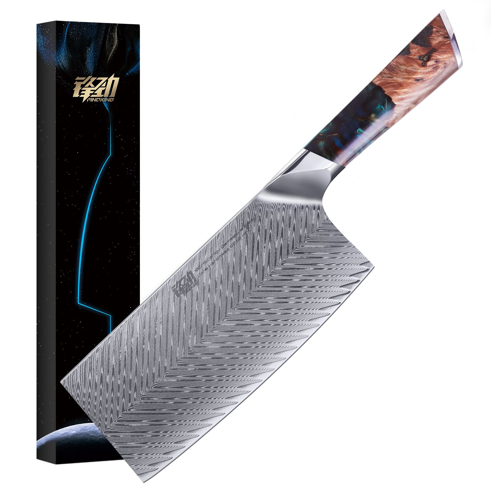FINDKING Nebula Series Cleaver Knife, Multipurpose Chinese Chef Knife, 10Cr15CoMov Damascus Steel Blade, Resin and Figured Sycamore Handle, Full Tang, 7 Inch, Blue, for Meat, Vegetable Shredding