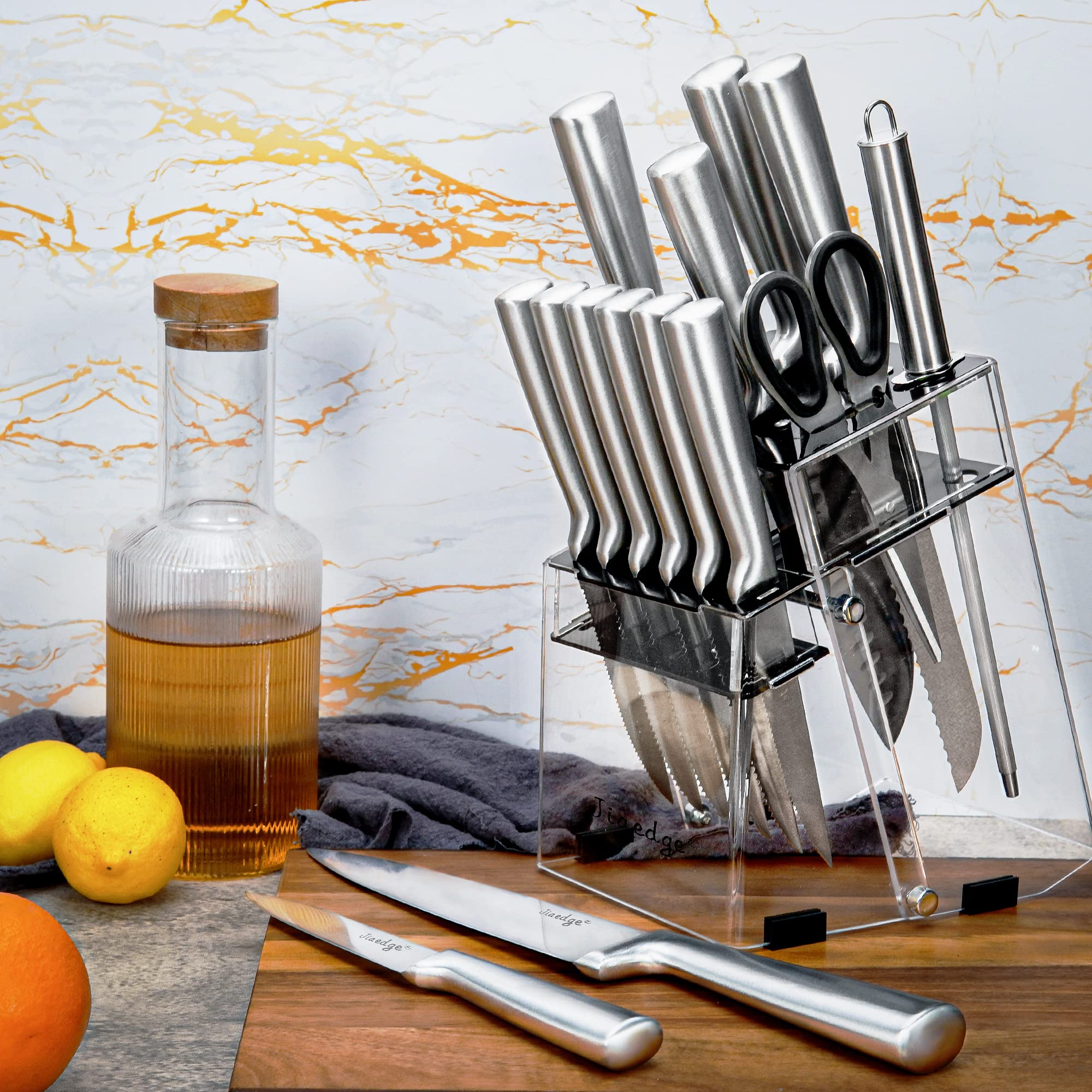 Kinfe set, Jiaedge Kitchen Knife Set with Block, 15-PC German High Carbon Stainless Steel Chef Knives Set for Kitchen with Block, Dishwasher Safe Steak Knives, Acrylic Stand, Knife Sharpener, Silver
