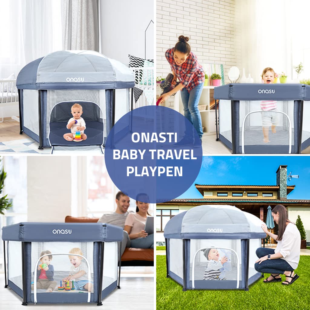 Baby Playpen Foldable Indoor & Outdoor, Onasti Play Yard with Children's Soft Mat, Compact Fence Packable Dome UV Protection, Suitable for Travel/Beach/Picnic Activity Center (Hexagon)