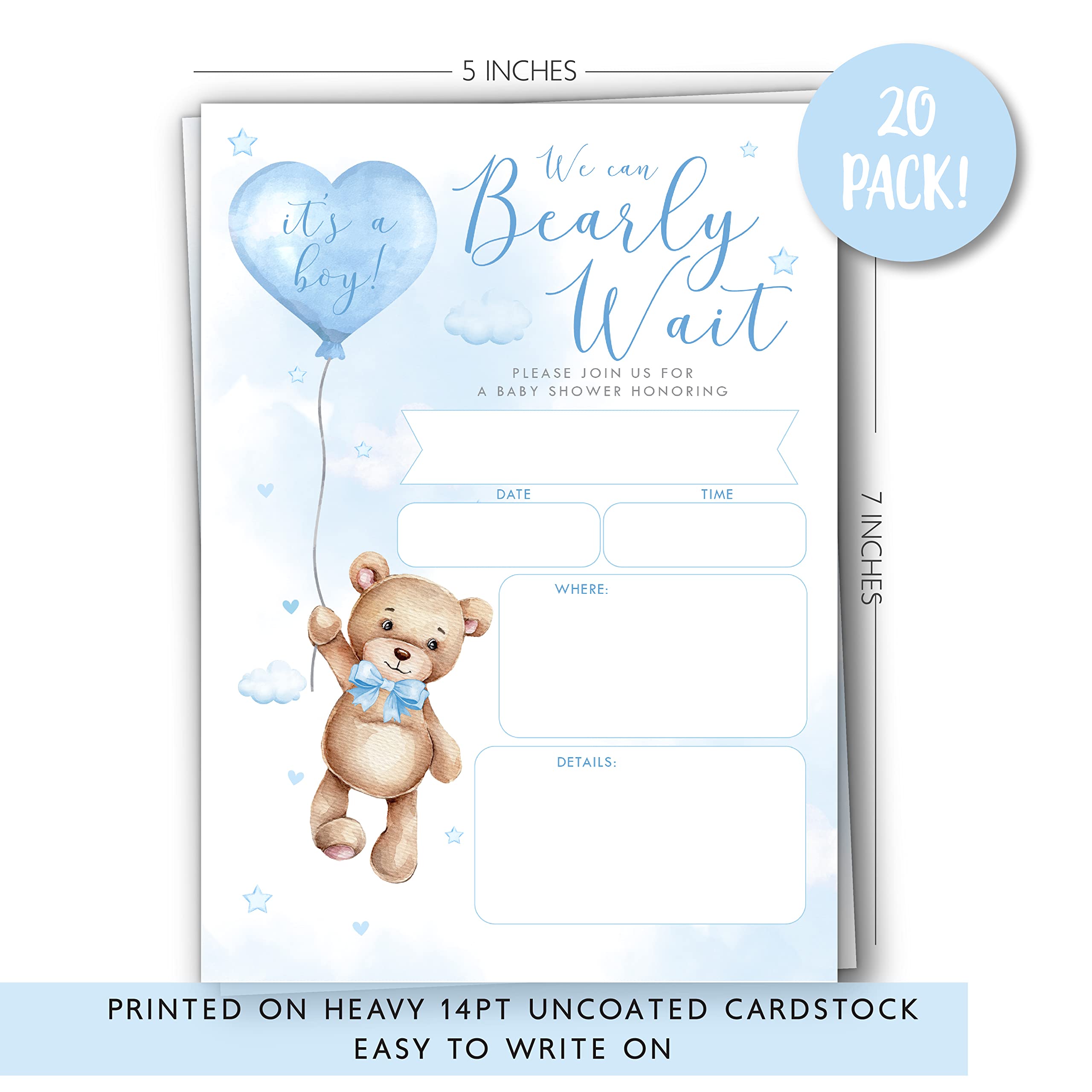 Your Main Event Prints Bear Baby Shower Invitations with Book Request and Diaper Raffle Card, We Can Bearly Wait Teddy, Forest Animal, Baby Sprinkle, 20 Fill in Invites