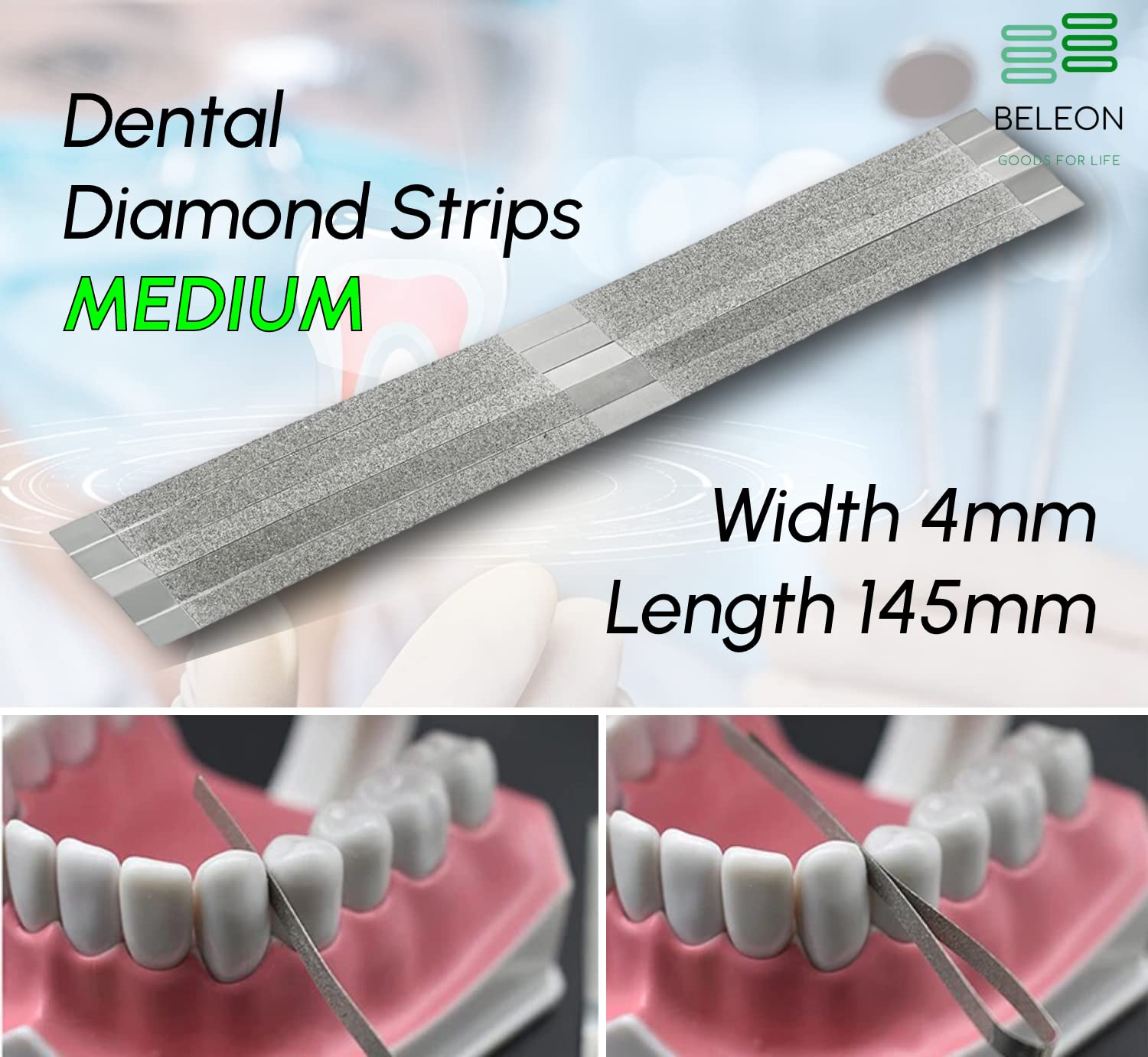 BELEON Dental Diamond Strips - Medium 5pcs 4mm x 145mm - Dental Stainless Steel Strips Abrasive for Contouring Teeth Sanding Strip Gross Reduction Polishing Teeth File Grinding Tooth Polisher