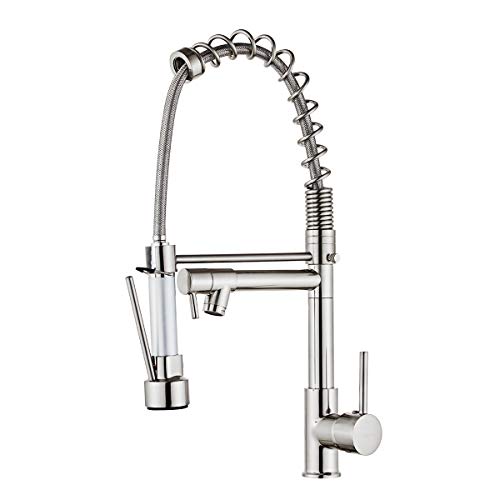 DEWINNER Pull Down Kitchen Faucet, Kitchen Sink Faucet with Sprayer, 2-spout, Single-Handle Control, Rotate 360 Degrees, High Arc Spring Design, Brushed Nickel