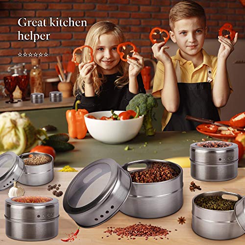 ILEBYGO Magnetic Spice Tins 12pcs Stainless Steel Spice Jars Storage Spice Containers,Clear Top Lid with Sift or Pour,120 Spice Stickers,Magnetic on Refrigerator and Grill