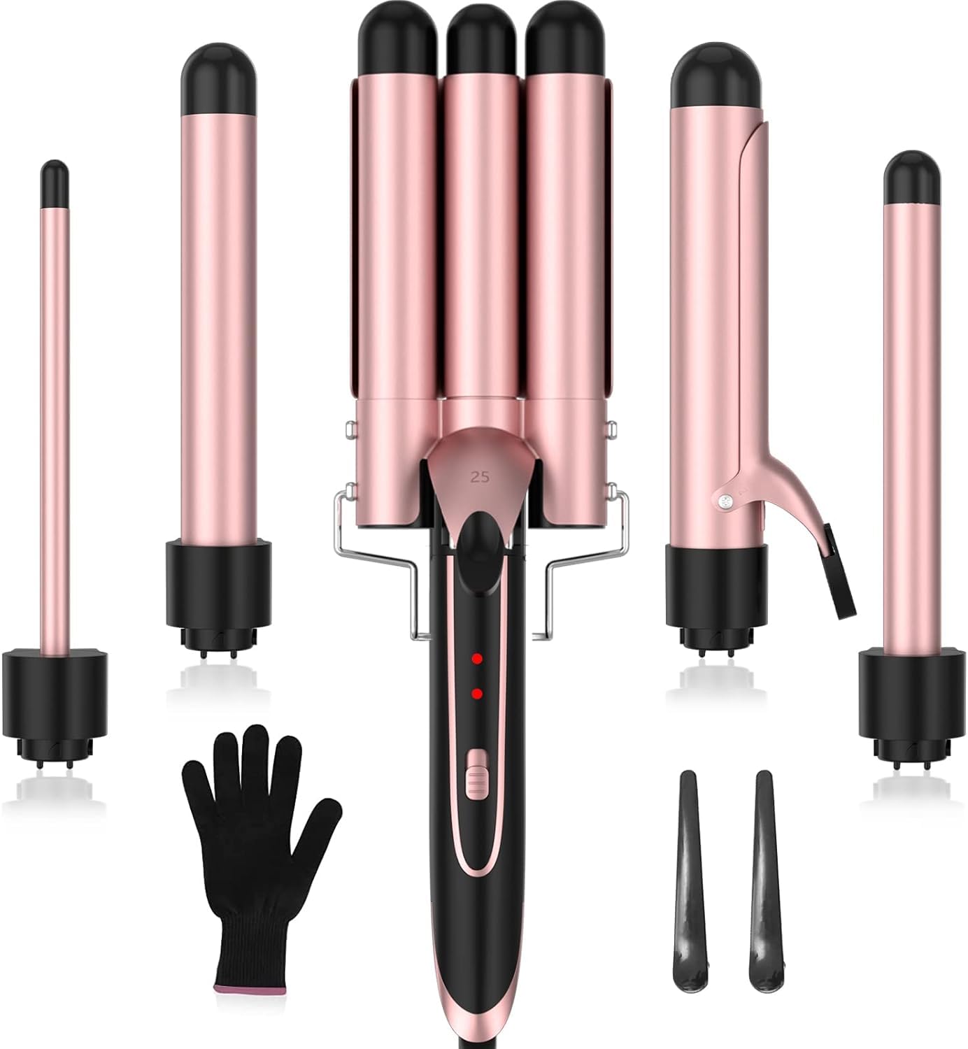 Yovikin Curling Iron, 6 in 1 Curling Wand Set with Hair Straightener Brush, Professional Hair Curler with 6 Interchangeable Ceramic Barrels, Instant Heat Up Hair Iron with Heat Resistant Glove
