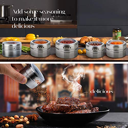 ILEBYGO Magnetic Spice Tins 12pcs Stainless Steel Spice Jars Storage Spice Containers,Clear Top Lid with Sift or Pour,120 Spice Stickers,Magnetic on Refrigerator and Grill