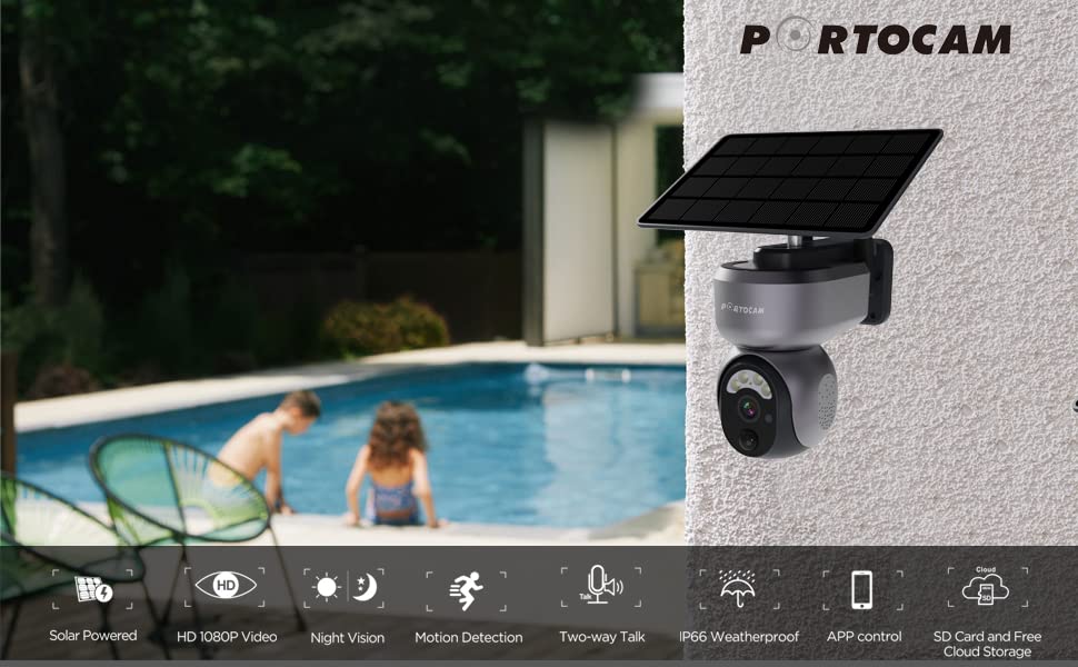 PORTOCAM Security Camera Outdoor, Pan Tilt 360°View Solar Battery Powered Rechargeable Wireless Spotlight Security System, 1080P Full-Color Night Vision, 2-Way Talk, Motion Detection, and Cloud S30