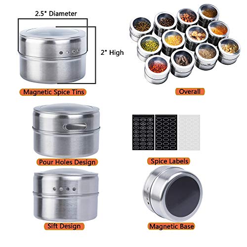 ILEBYGO Magnetic Spice Tins 12pcs Stainless Steel Spice Jars Storage Spice Containers,Clear Top Lid with Sift or Pour,120 Spice Stickers,Magnetic on Refrigerator and Grill