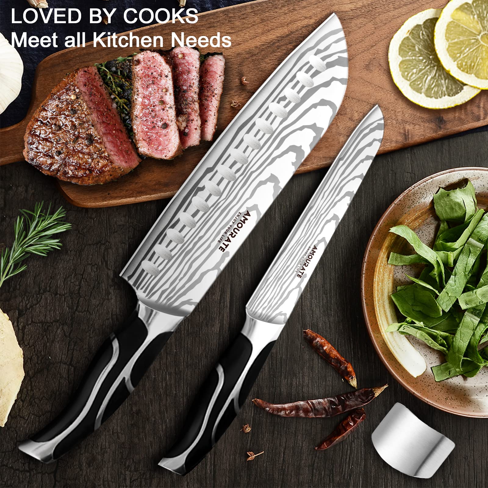 Santoku Knife Ultra Sharp Kitchen Chef Knife Set, Professional Japanese Knife Made of German High Carbon Steel ,7-Inch chopping Knife with Finger Guard, Ergonomic Handle, Comes with Gift Box (2PCS)