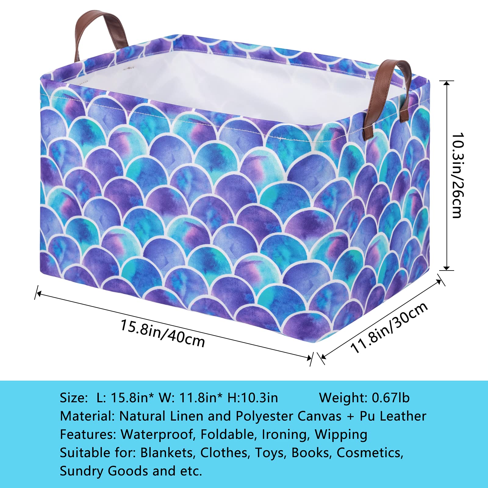 Funnewban Mermaid Storage Bin Basket Collapsible with Leather Handles Waterproof Canvas Storage Cube Box for Closet Toys Clothes Nursery Room Gift Basket