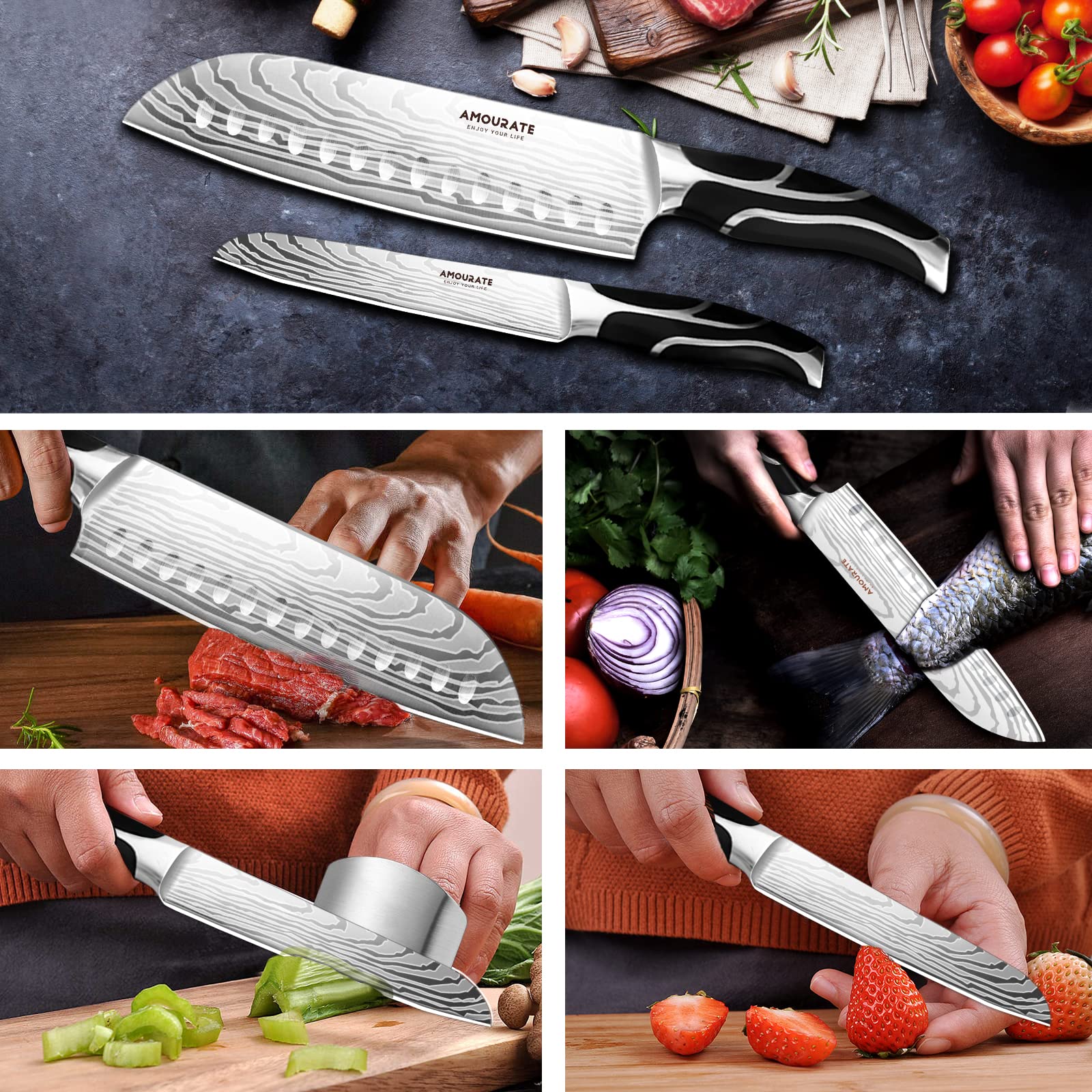 Santoku Knife Ultra Sharp Kitchen Chef Knife Set, Professional Japanese Knife Made of German High Carbon Steel ,7-Inch chopping Knife with Finger Guard, Ergonomic Handle, Comes with Gift Box (2PCS)