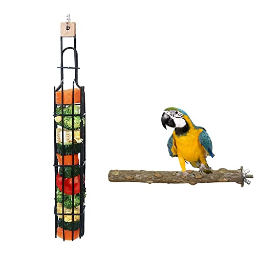 alfyng 2pc Bird Parrot Fruit Basket and Wooden Bird Perch Stand, Bird Food Holder, Parrot Hanging Metal Birdcage Vegetable Fruit Treat Feeder, Foraging Feeding Tool for Medium Large Parrot