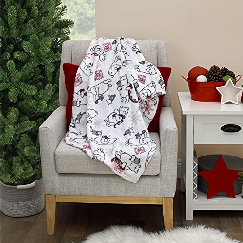 Disney Classic Winnie The Pooh White, Red, and Green Holiday Christmas Piglet, Snowflakes and Bells Super Soft Baby Blanket