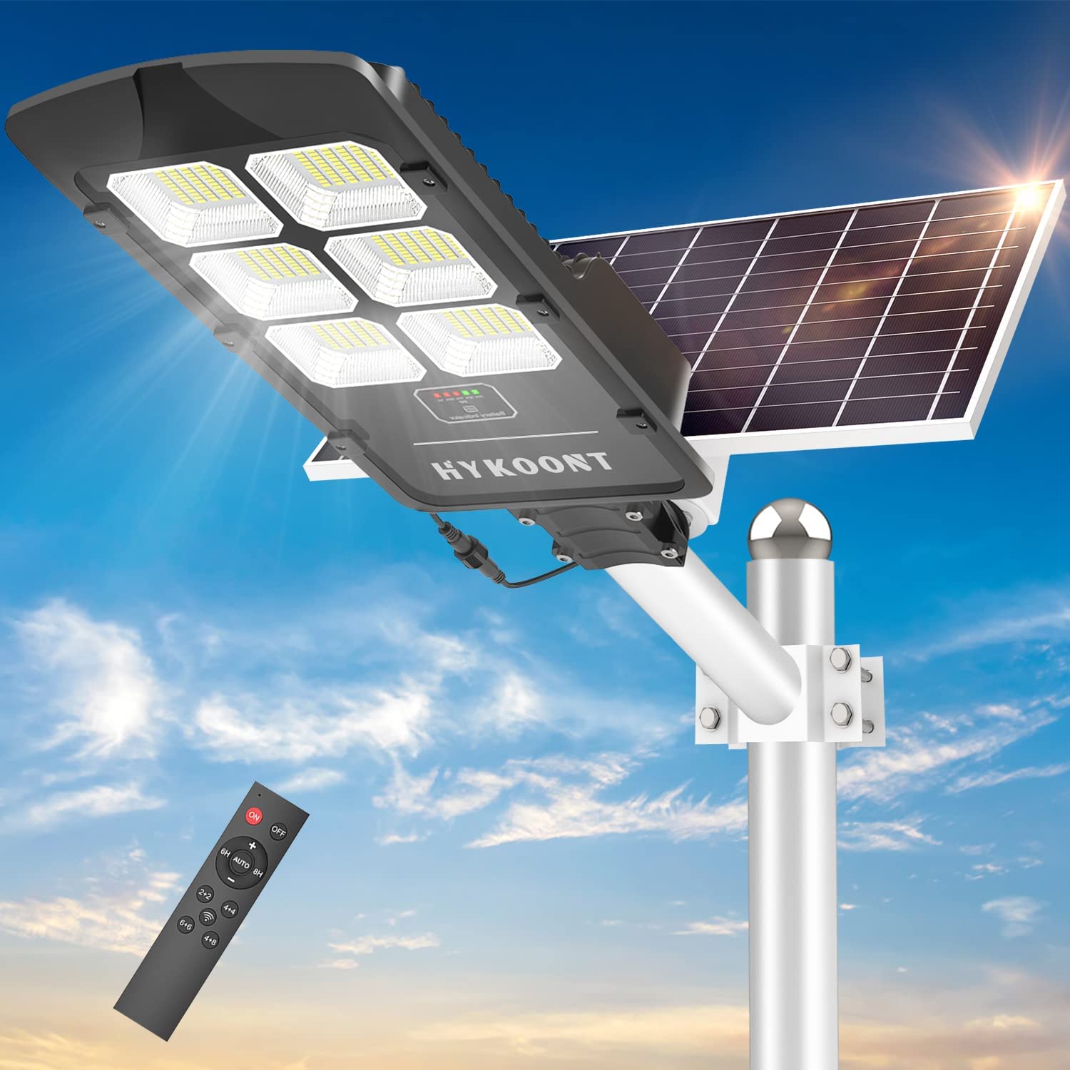 HYKOONT Solar Street Light, 1200W Solar Street Lights Outdoor Dusk to Dawn Motion Sensor IP66 Waterproof 6500K Super Bright Solar Powered Lighting for Parking Lot, Garage, Street