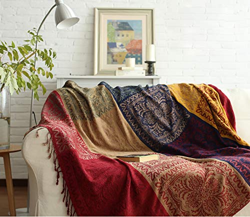 Ujoyen Bohemian Throw Blankets Colorful Chenille Jacquard Tassels Boho Hippie Decorative for Bed Couch Sofa Soft Chair Recliner Loveseat Furniture Cover Red Blue -M