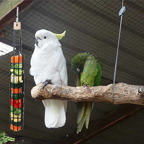 alfyng 2pc Bird Parrot Fruit Basket and Wooden Bird Perch Stand, Bird Food Holder, Parrot Hanging Metal Birdcage Vegetable Fruit Treat Feeder, Foraging Feeding Tool for Medium Large Parrot