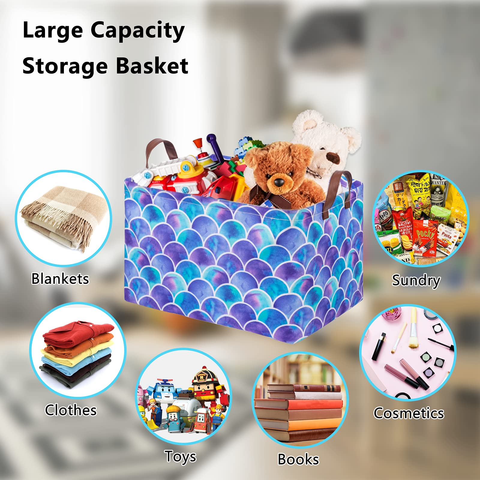 Funnewban Mermaid Storage Bin Basket Collapsible with Leather Handles Waterproof Canvas Storage Cube Box for Closet Toys Clothes Nursery Room Gift Basket