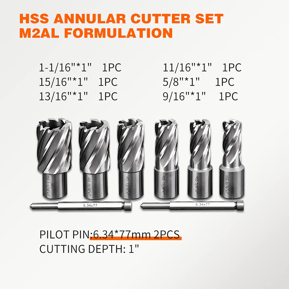 M2AL HSS Annular Cutter Set 6pcs LYXC 3/4'' Weldon Shank 1'' Cutting Depth 9/16'' to 1-1/16'' Cutting Diameter with 2pcs Pilot Pin for Mag Drill Press