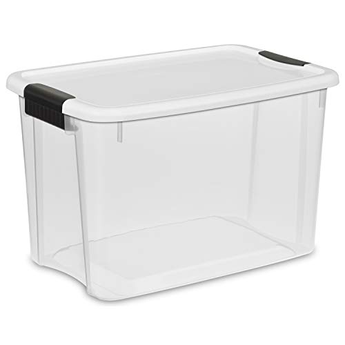 Sterilite 56 Qt./53 L Wheeled Latching Box Clears, Quart, White, 4 Piece & 19859806, 30 Quart/28 Liter Ultra Latch Box, Clear with a White Lid and Black Latches, 6-Pack