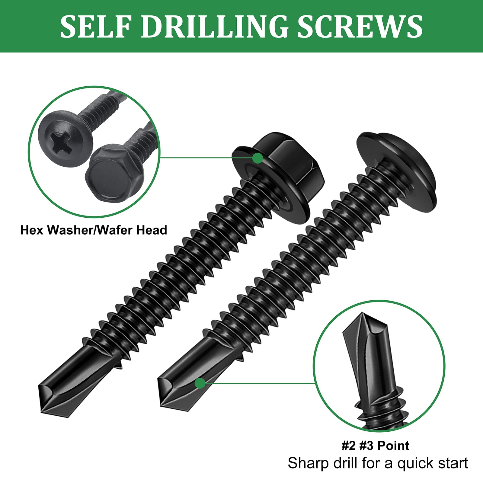 FOLIV 385PCS #8 Self Drilling TEK Screw Assortment Kit, 410 Stainless Steel Black Self Tapping Tcrews, Hex Washer Head & Modified Truss Head Black Screws, Length 1/2" to 1-1/4"