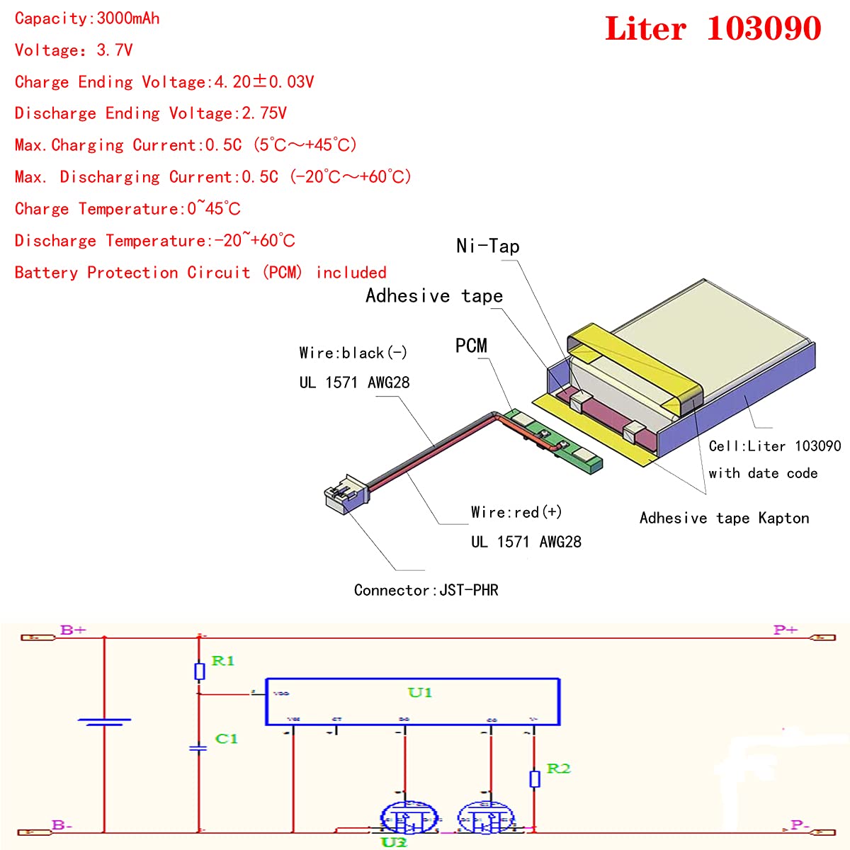 Liter energybattery 3.7V Lipo Battery 3000mAh Rechargeable Lithium ion Polymer Battery 103090 Lithium Polymer ion Battery with JST Connector