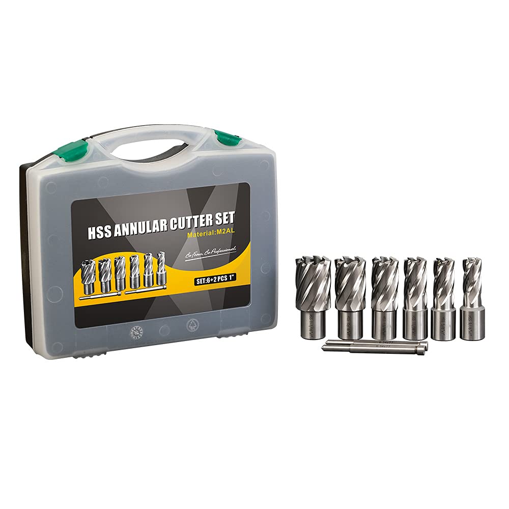 M2AL HSS Annular Cutter Set 6pcs LYXC 3/4'' Weldon Shank 1'' Cutting Depth 9/16'' to 1-1/16'' Cutting Diameter with 2pcs Pilot Pin for Mag Drill Press