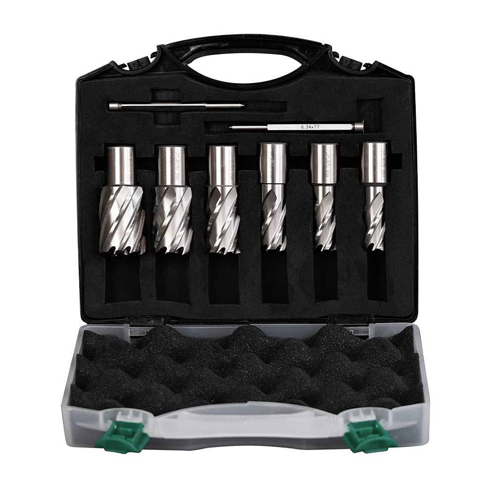 M2AL HSS Annular Cutter Set 6pcs LYXC 3/4'' Weldon Shank 1'' Cutting Depth 9/16'' to 1-1/16'' Cutting Diameter with 2pcs Pilot Pin for Mag Drill Press