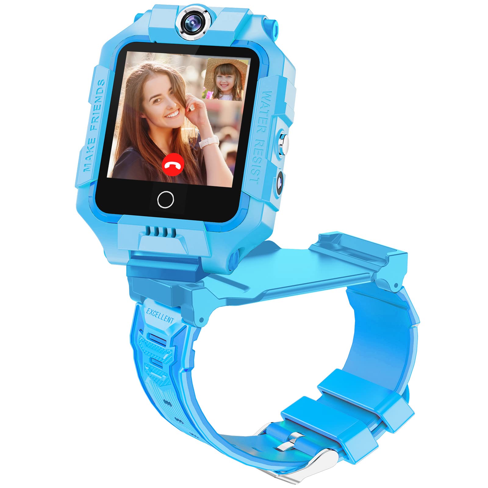 OKYUK 4G Kids Watch Phone T10, Funny 360° Rotation Screen Dual Camera Smart Watch for Boys Girls, IP67 Waterproof, 2-Way Calls, GPS, SOS, Video Calls, Remote Control, Pedometer Smartwatch (Azure)